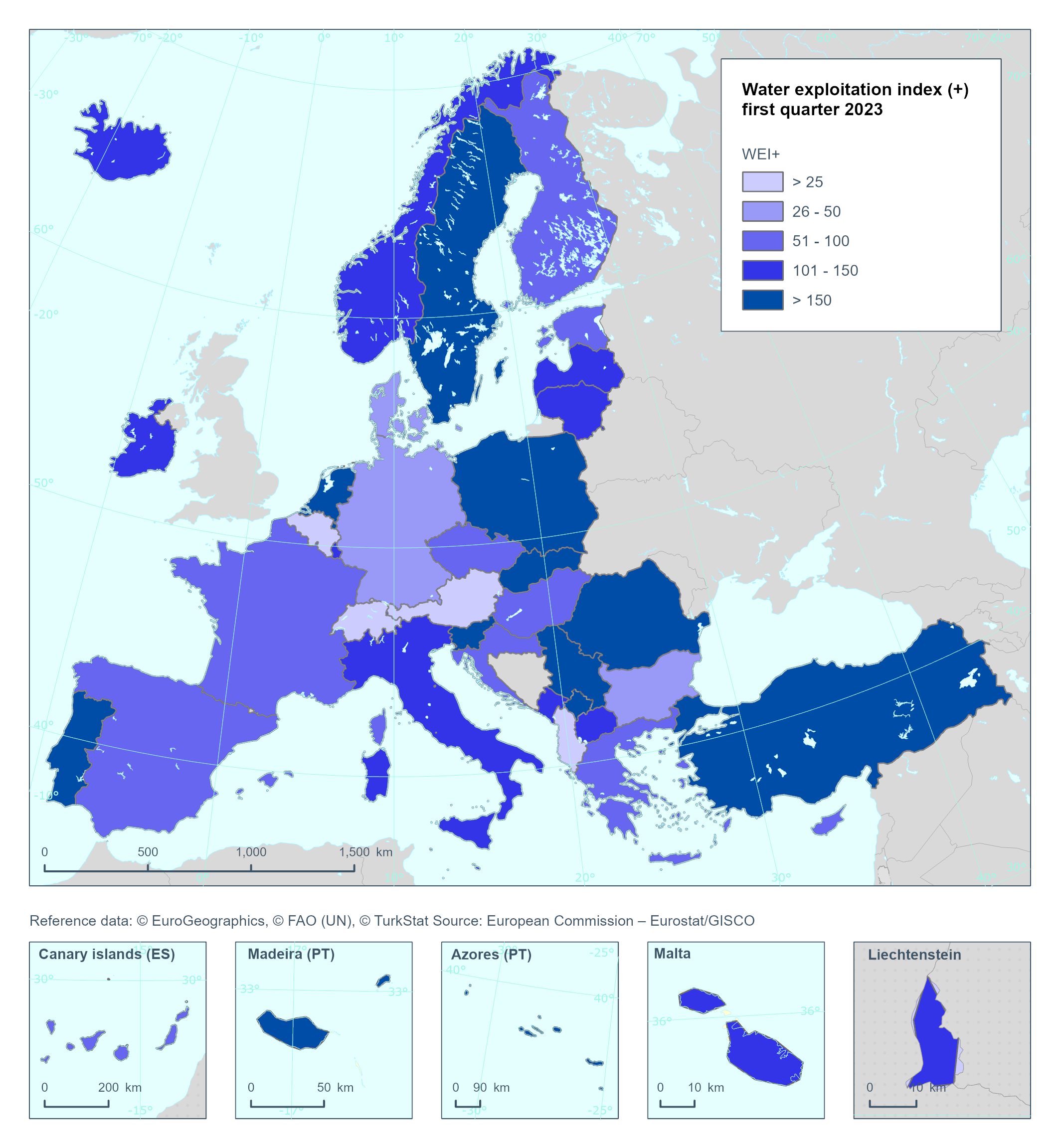 Water Exploitation Index plus (WEI+) at European country scale, 2023