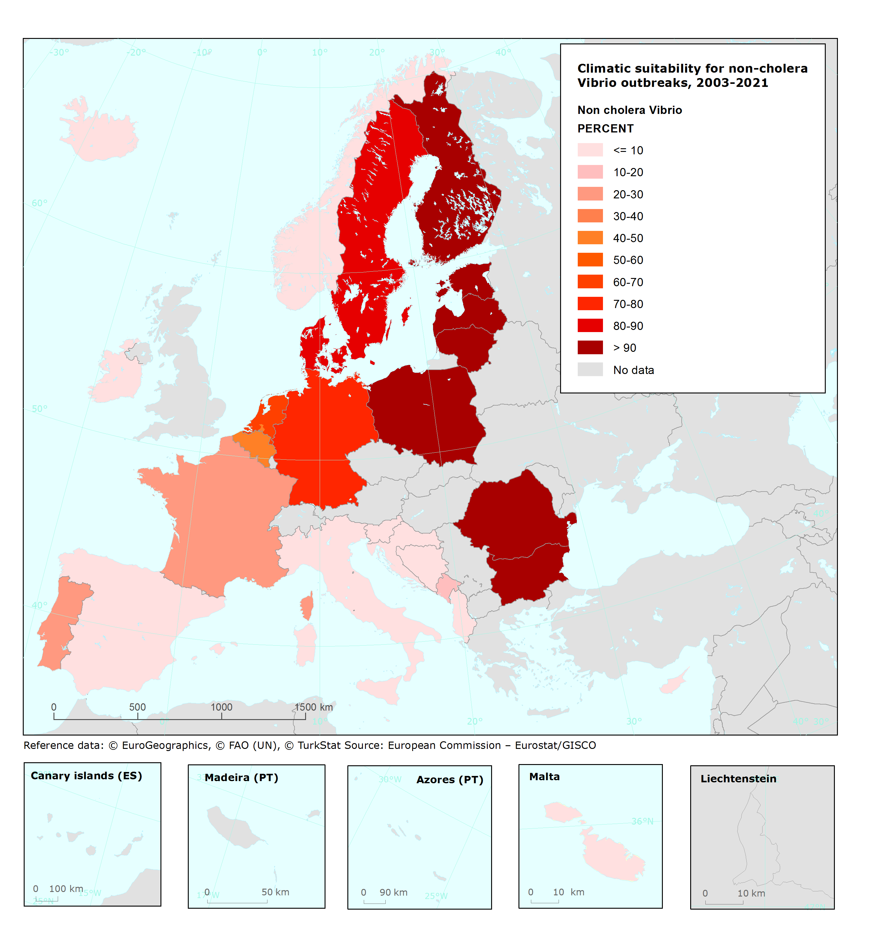 Climatic suitability for non-cholera Vibrio outbreaks (2003-2021), Apr 2023