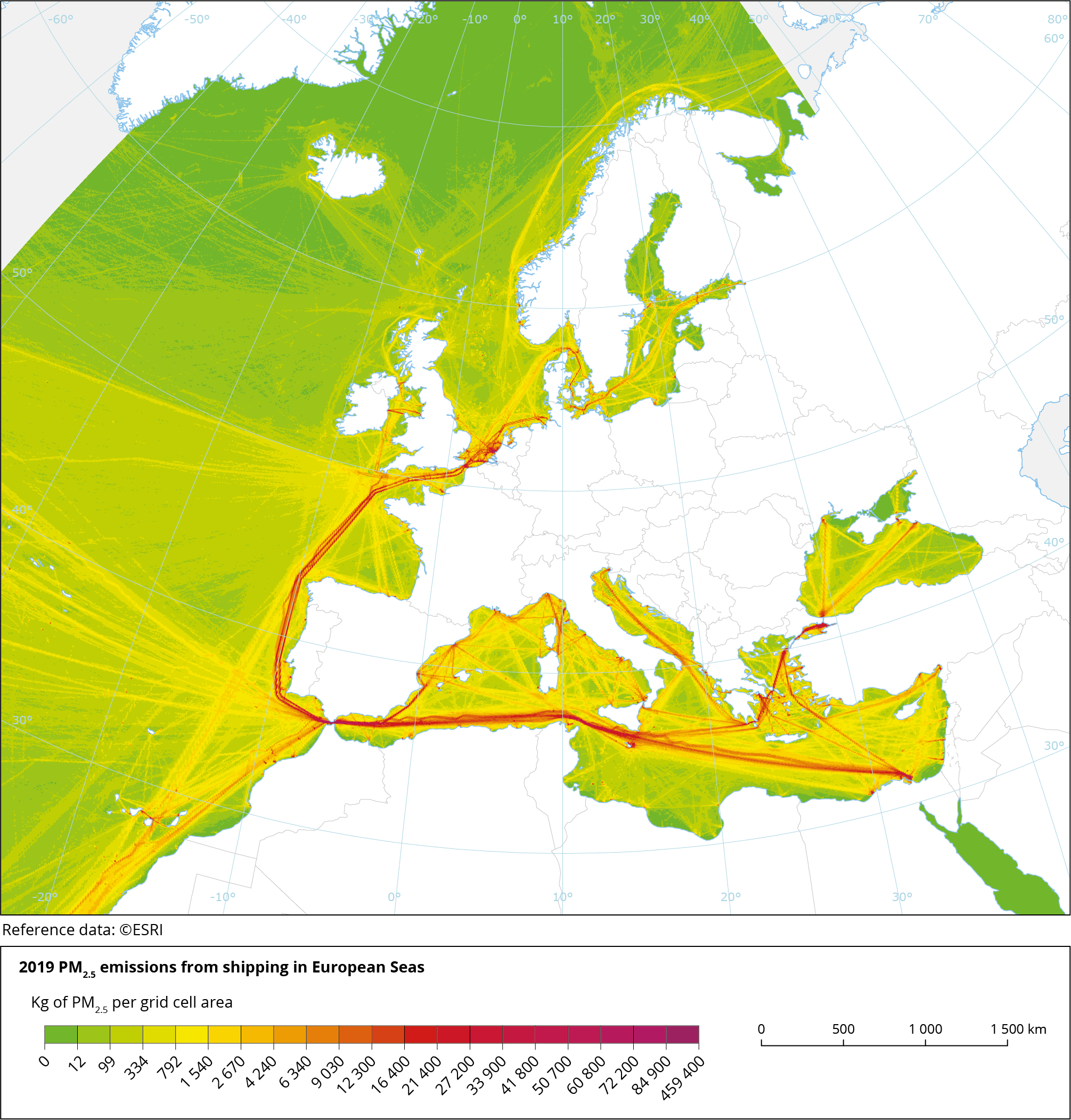 PM2.5 emissions in European shipping areas in 2019, Mar. 2021