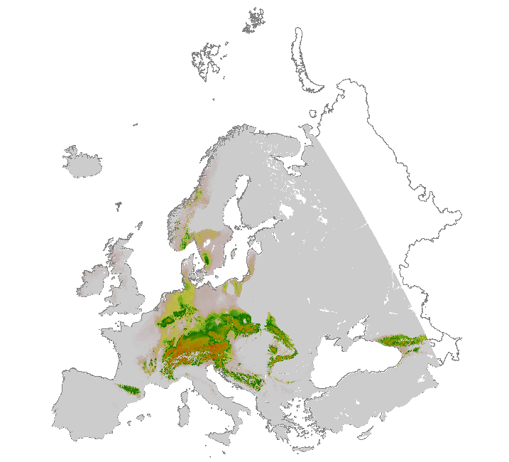 EUNIS habitat type G3.1a, predicted distribution of habitat suitability ...